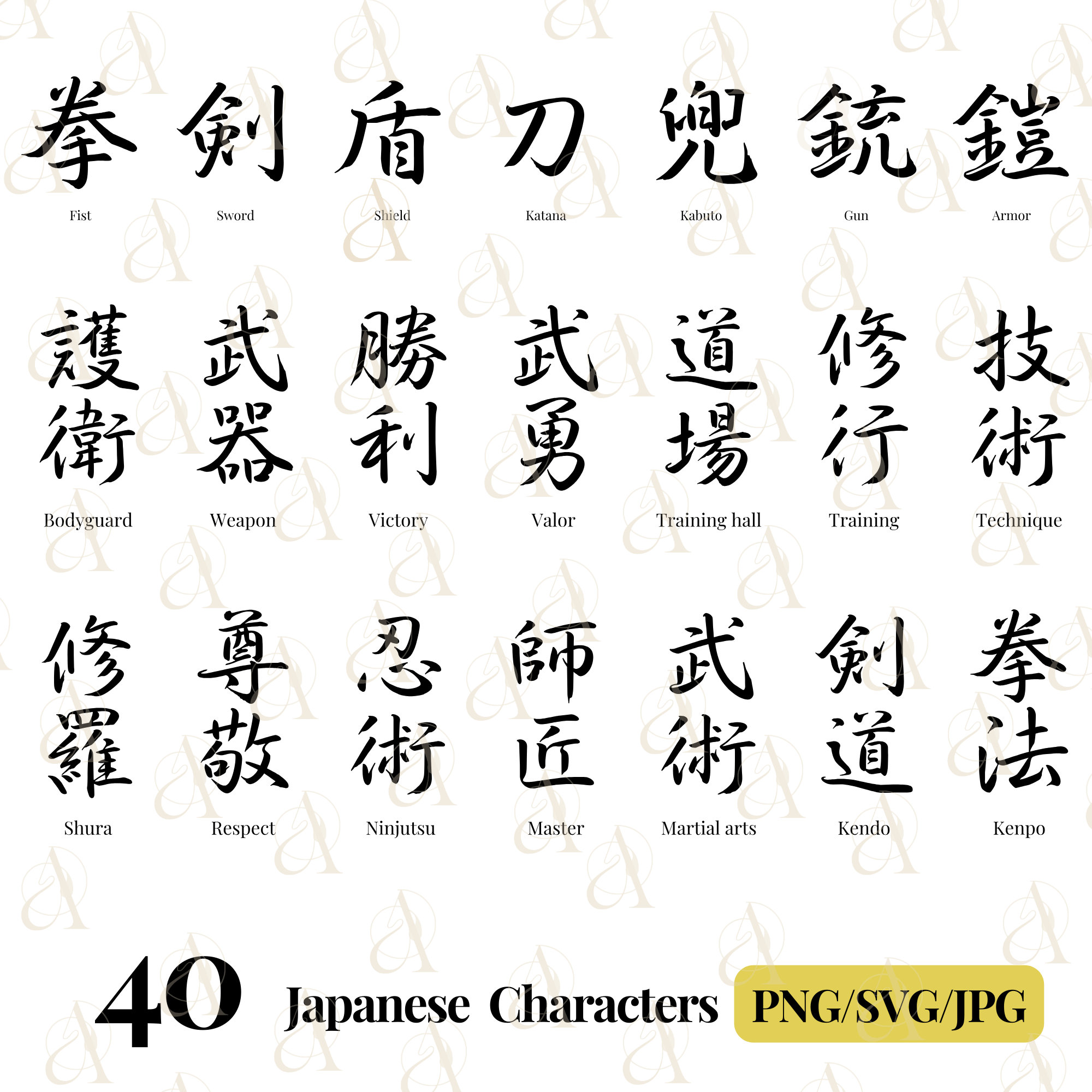40 Japanese Kanji Martial Arts Words: 300dpi JPG/PNG/SVG Bundle, High ...