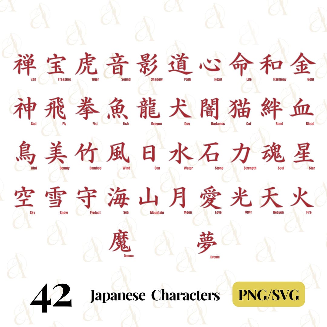 Japanese Word SVG Bundle, Gold Japanese Calligraphy, Shadow Kanji PNG ...