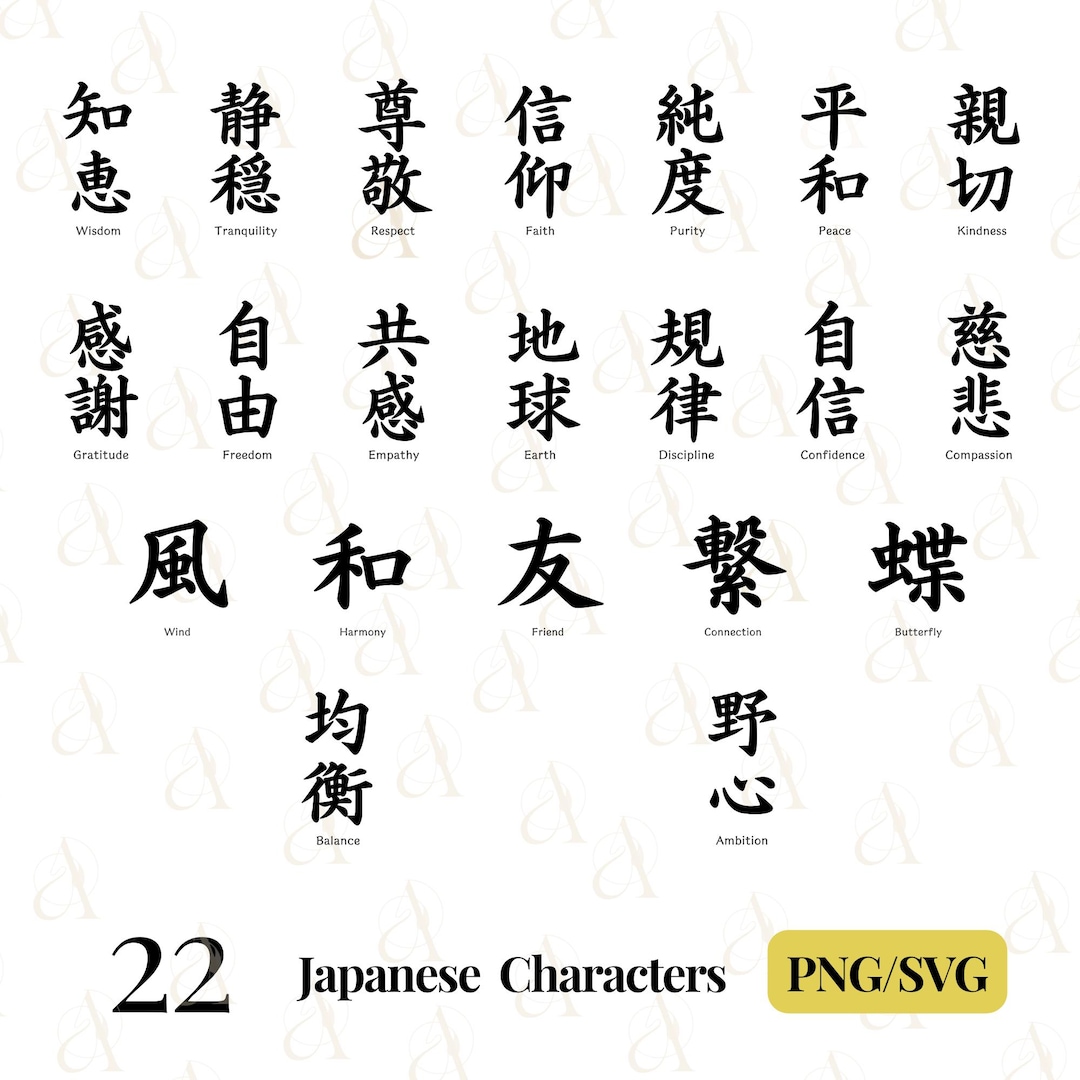 Japanese Kanji SVG PNG Bundle, Discipline, Confidence, Ambition, Wisdom ...