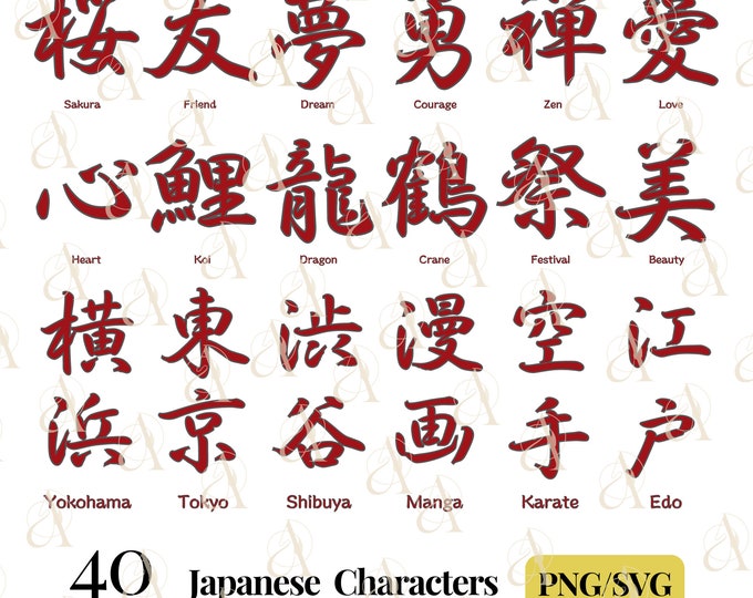 Japanese Word SVG Bundle, Respect Kanji Symbols PNG, Strength Kanji ...