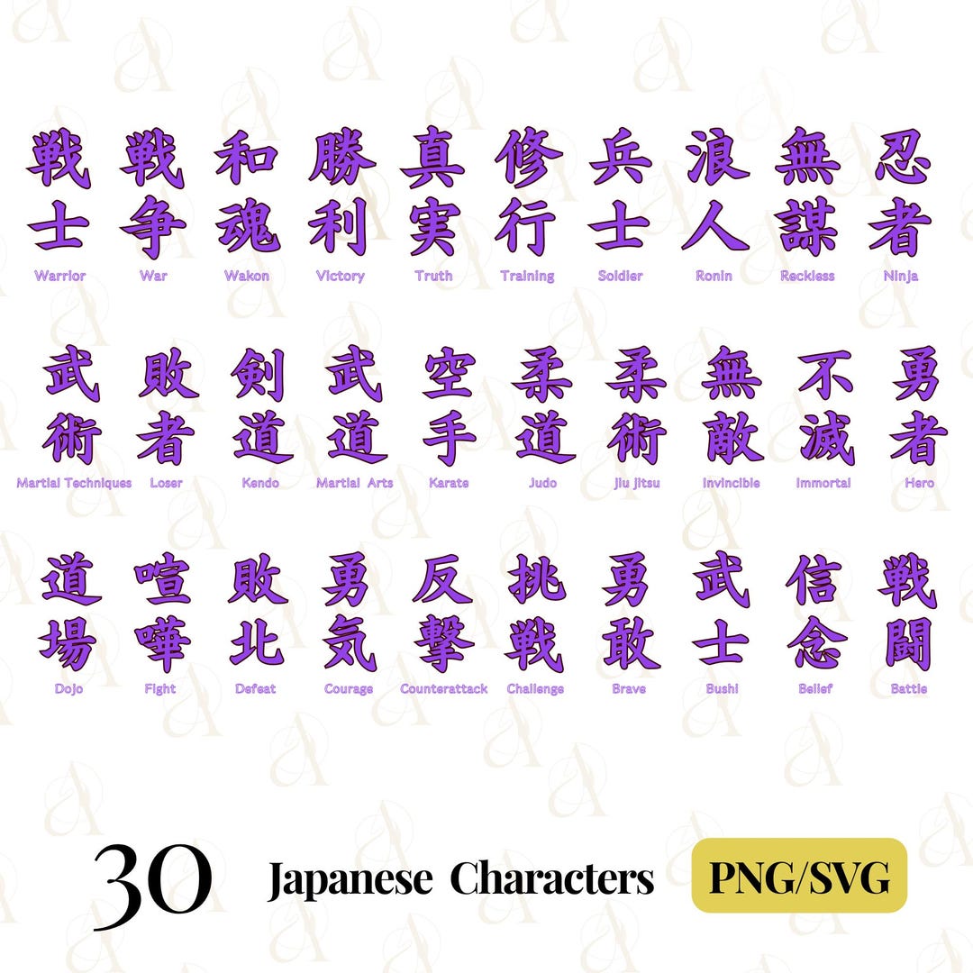 Japanese Word SVG Bundle, Karate, Dojo, Jiu Jitsu, Bushi, Ninja Kanji Symbols, Martial Arts ...