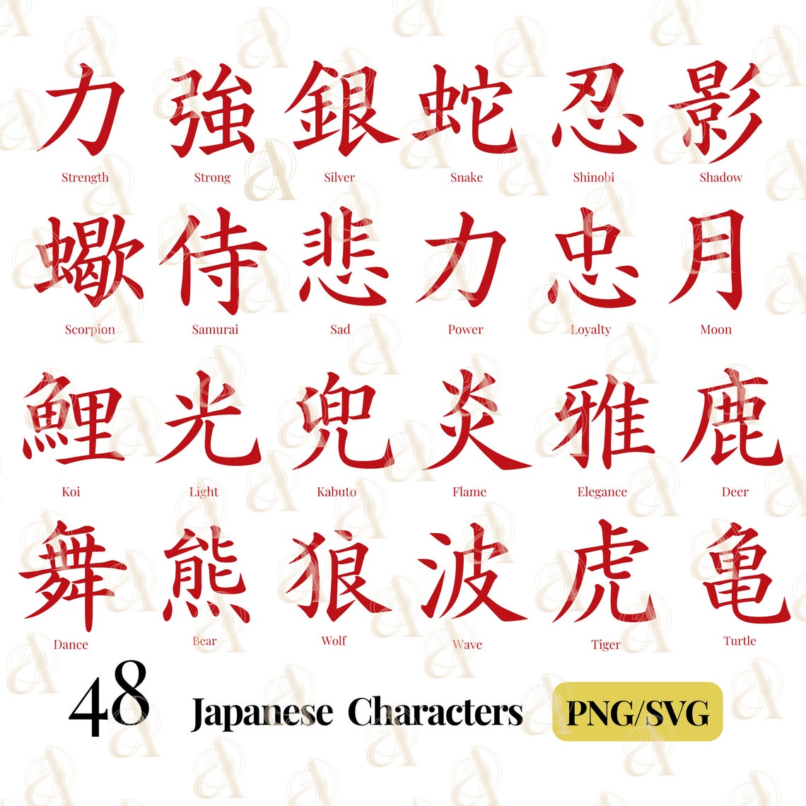 Japanese Word SVG Bundle, Respect Kanji Symbols PNG, Strength Kanji ...