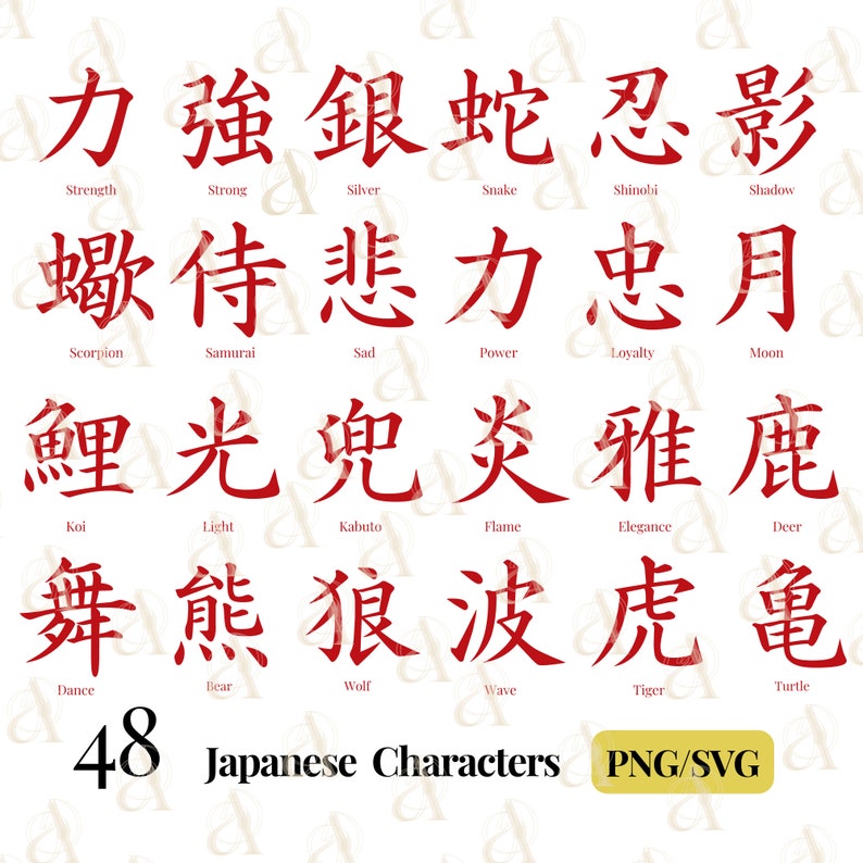 Japanese Word SVG Bundle, Respect Kanji Symbols PNG, Strength Kanji Characters, Tiger, Wolf ...