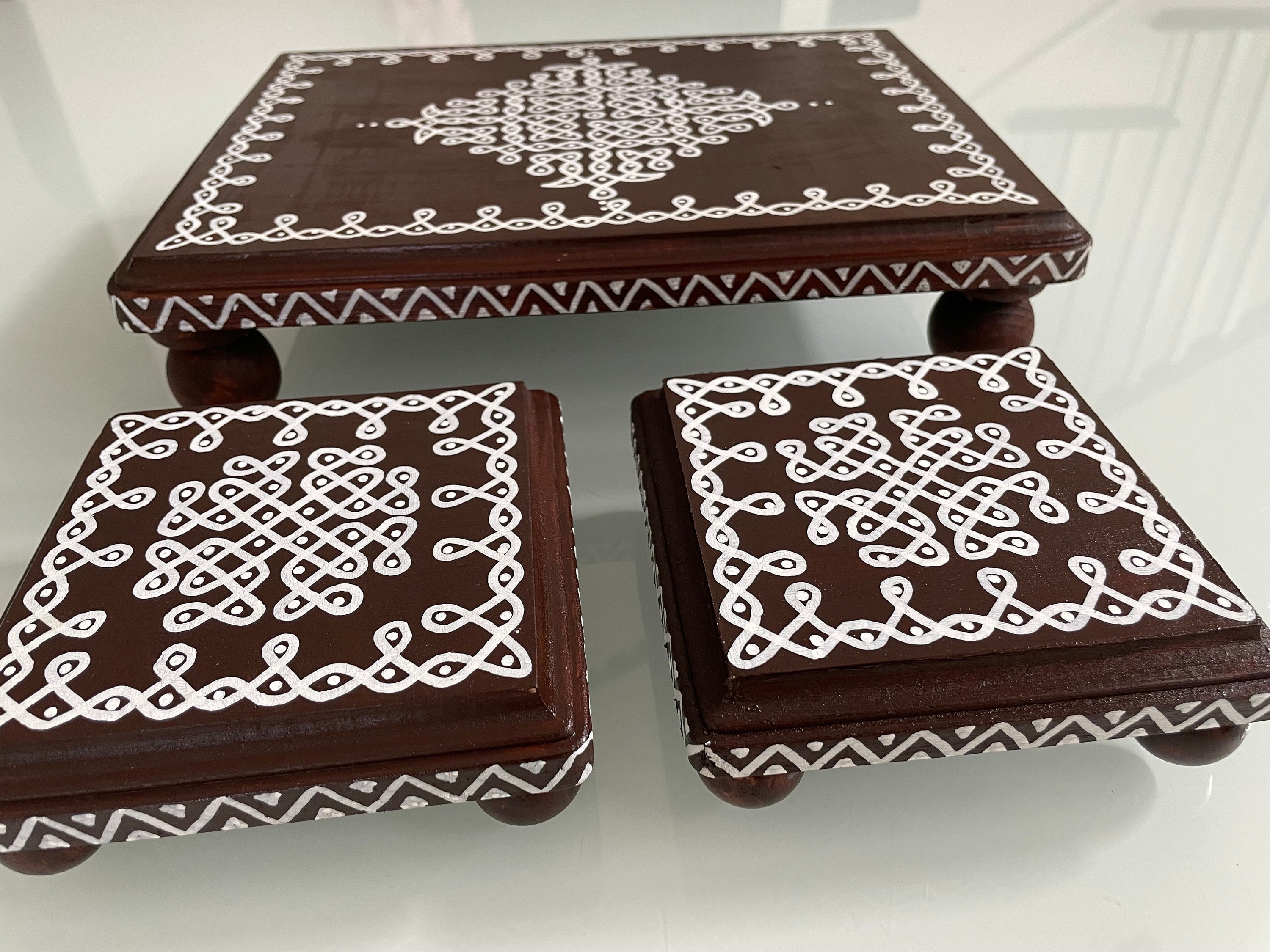 Beautiful set of 3 Wooden 11x8.5-inch Peeta With 5x52 Diya Peeta/manai ...