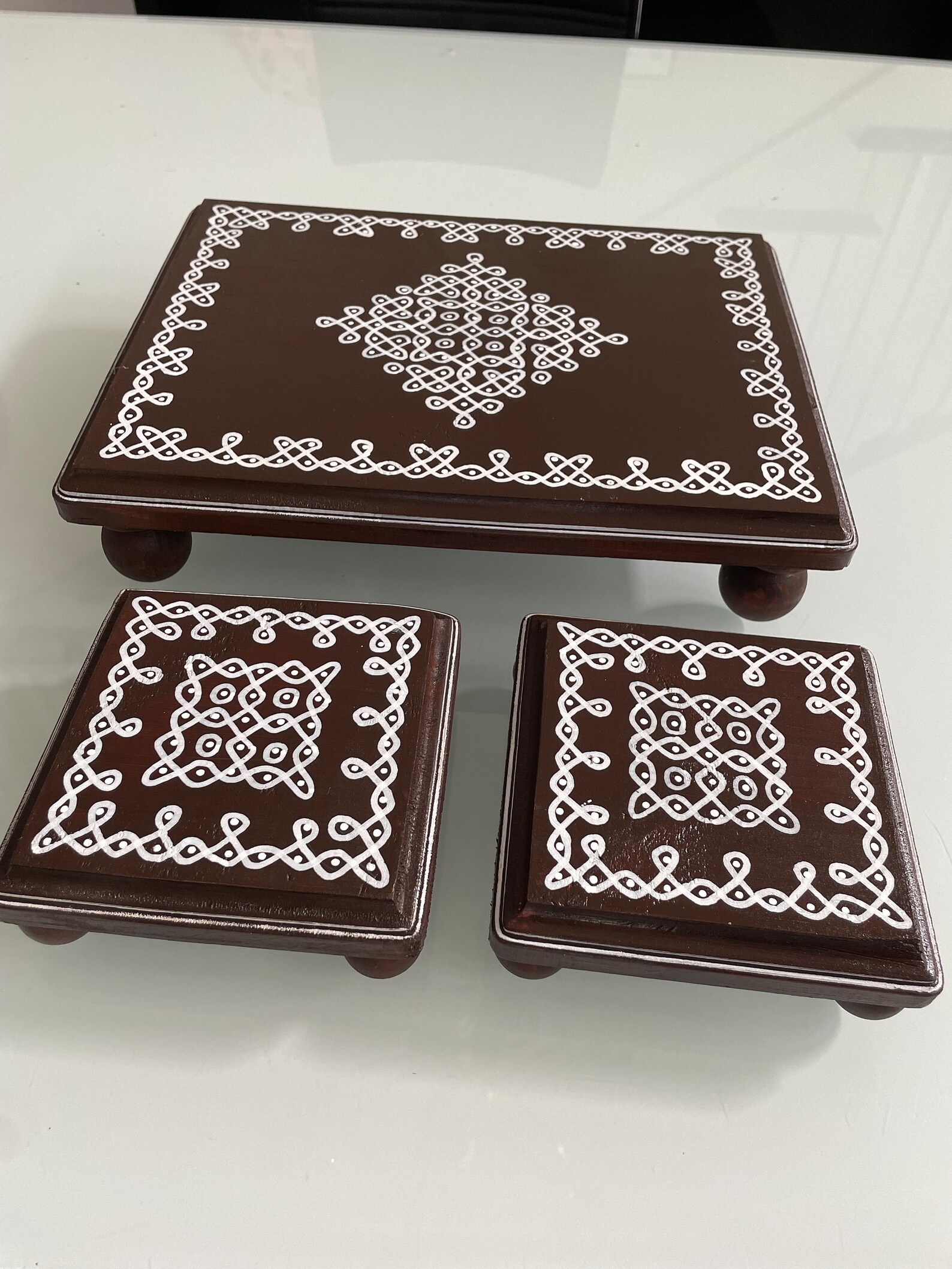 Beautiful set of 3 Wooden 11x8.5-inch Peeta With 5x52 Diya Peeta/manai ...