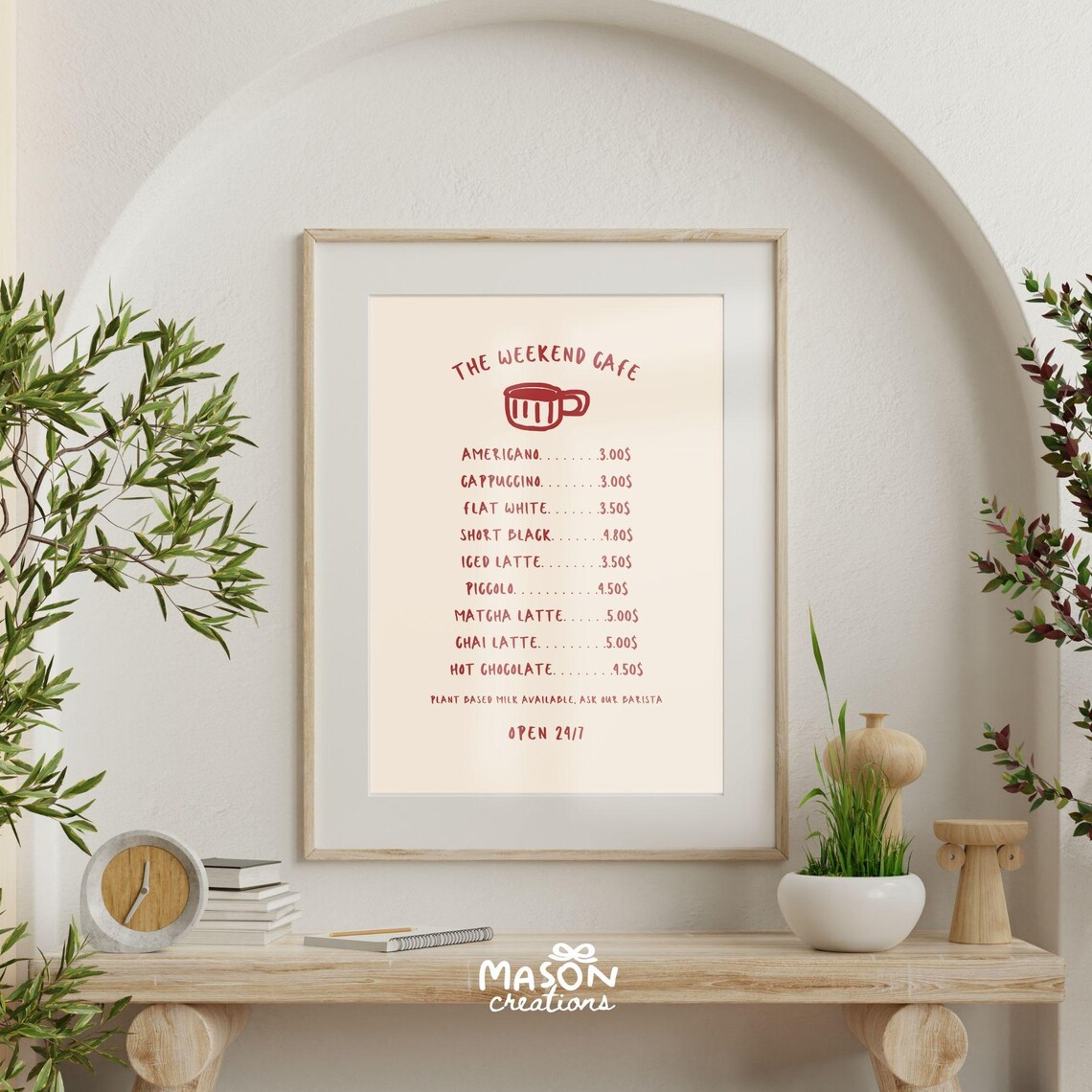 Cafe Menu Wall Art, Hand Drawn Kitchen Decor, Trendy Red Kitchen Wall ...