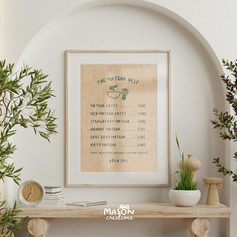 Cafe Matcha Menu Wall Art, Hand Drawn Kitchen Decor, Trendy Red Kitchen ...
