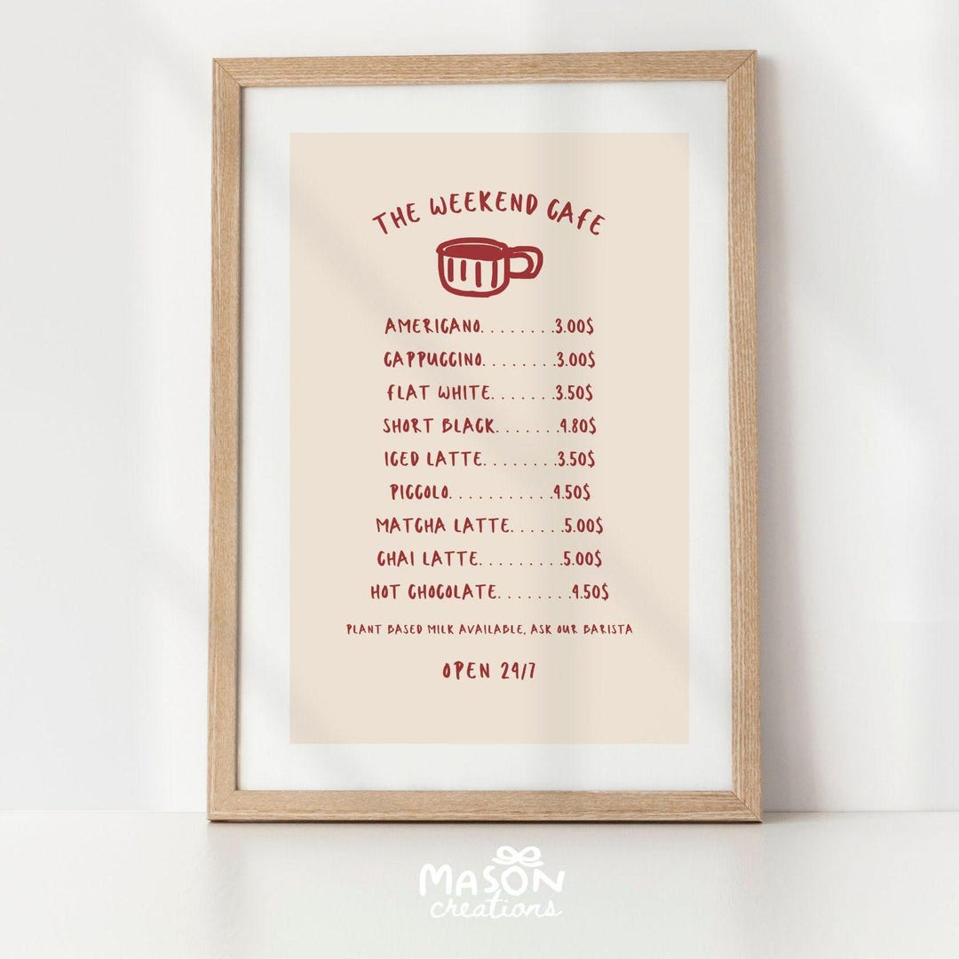 Cafe Menu Wall Art, Hand Drawn Kitchen Decor, Trendy Red Kitchen Wall ...