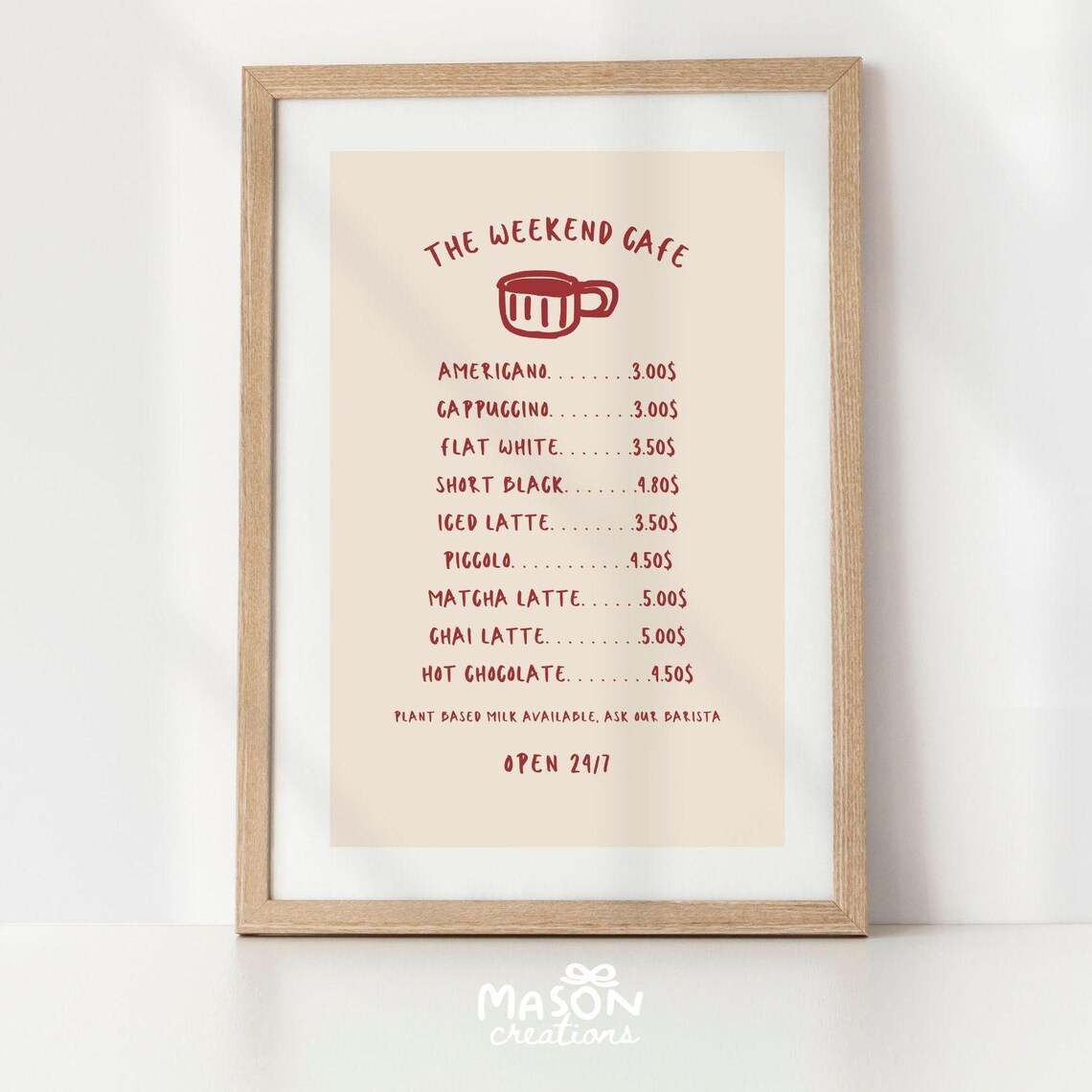 Cafe Menu Wall Art, Hand Drawn Kitchen Decor, Trendy Red Kitchen Wall ...