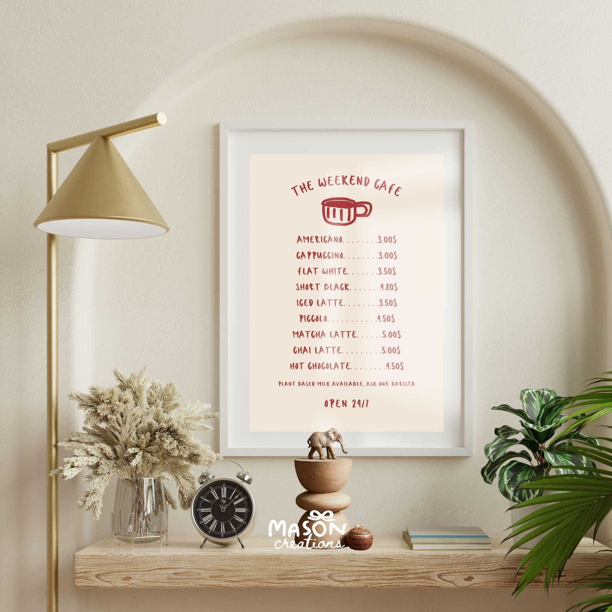 Cafe Menu Wall Art, Hand Drawn Kitchen Decor, Trendy Red Kitchen Wall ...