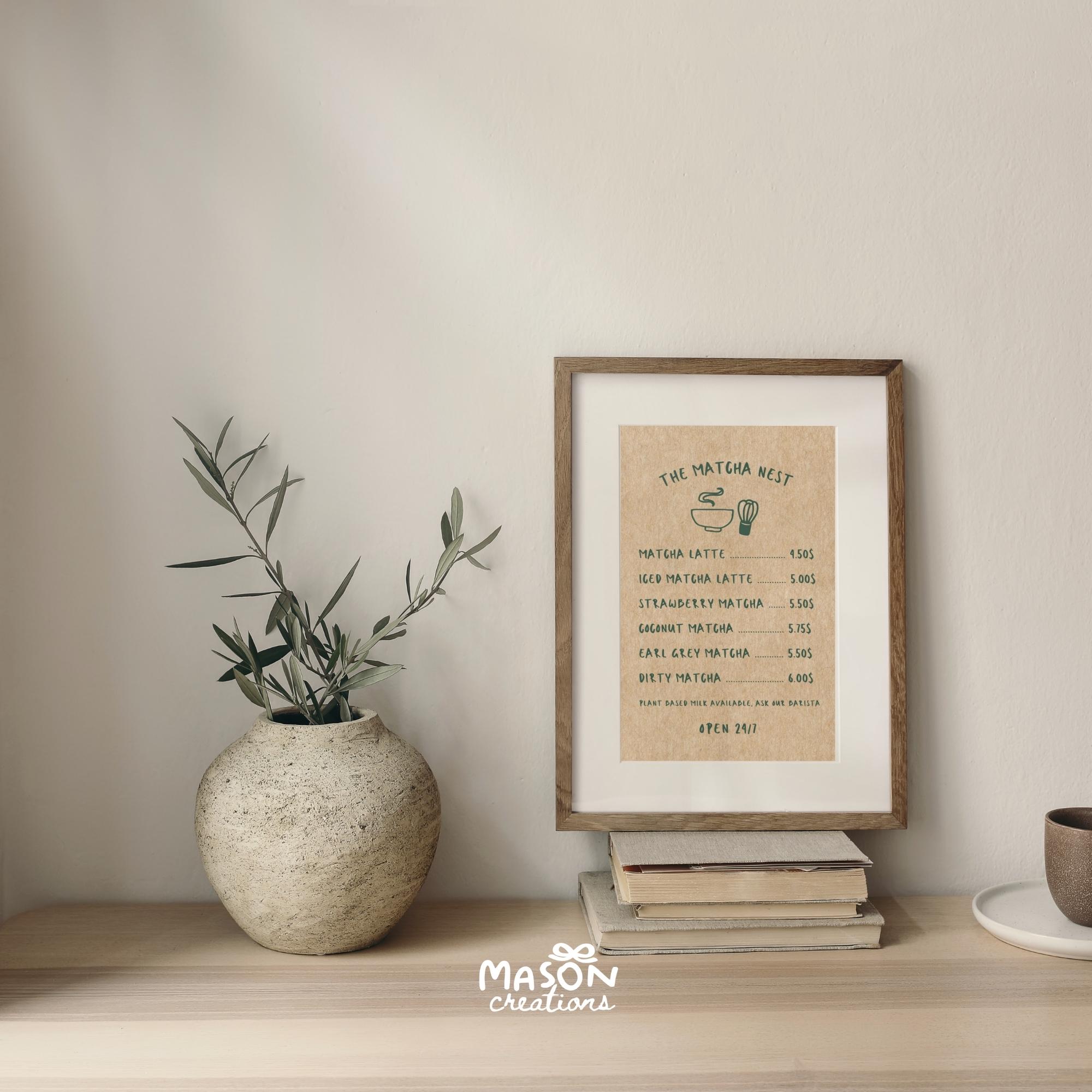Cafe Matcha Menu Wall Art, Hand Drawn Kitchen Decor, Trendy Red Kitchen ...