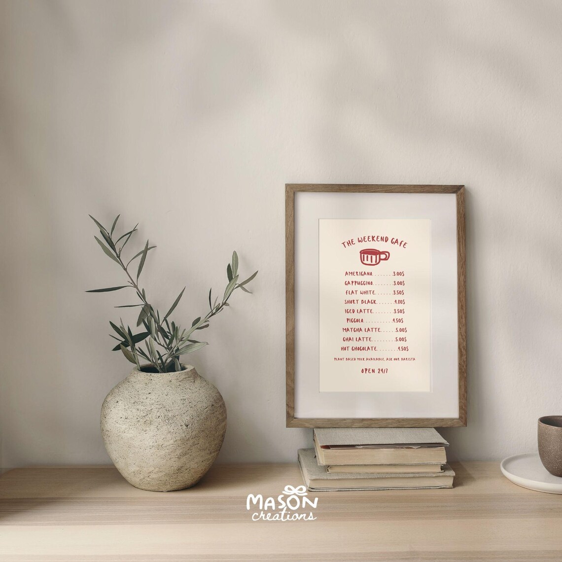 Cafe Menu Wall Art, Hand Drawn Kitchen Decor, Trendy Red Kitchen Wall ...