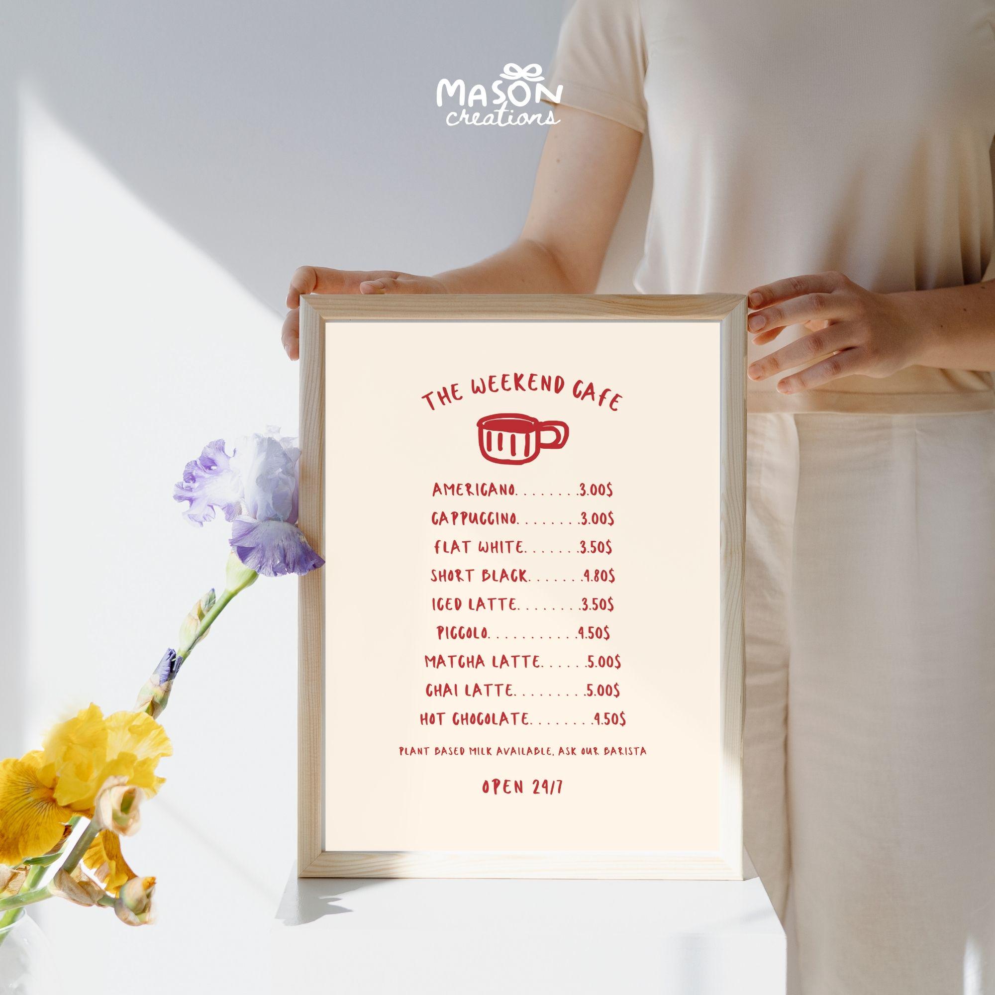 Cafe Menu Wall Art, Hand Drawn Kitchen Decor, Trendy Red Kitchen Wall ...