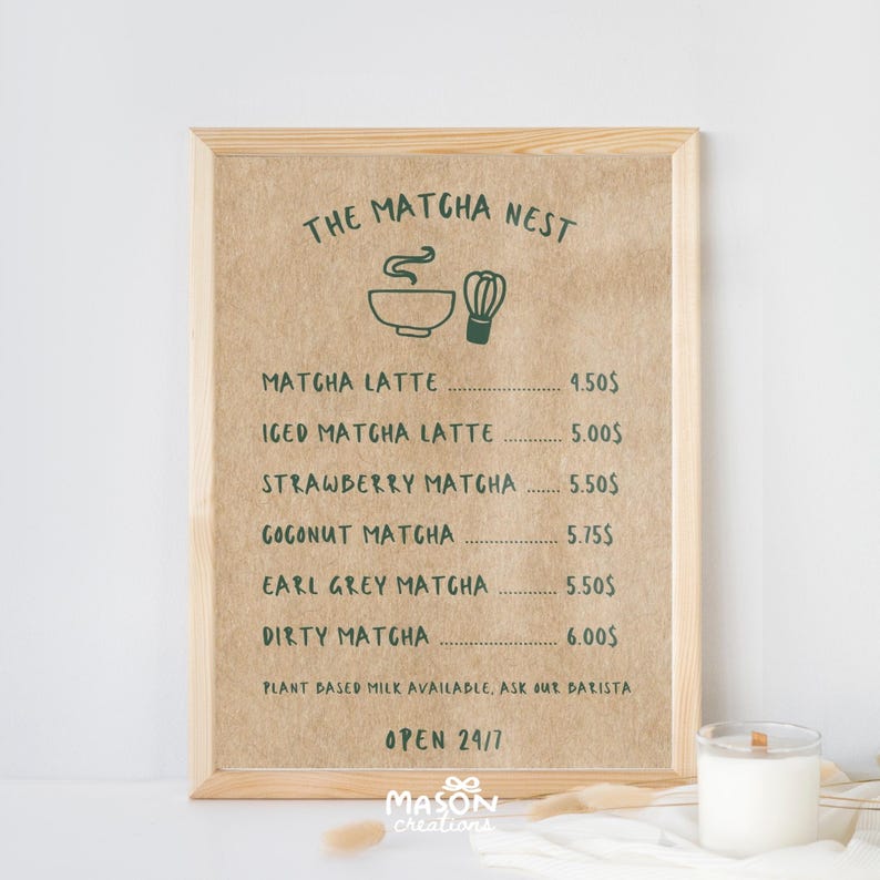 Cafe Matcha Menu Wall Art, Hand Drawn Kitchen Decor, Trendy Red Kitchen ...
