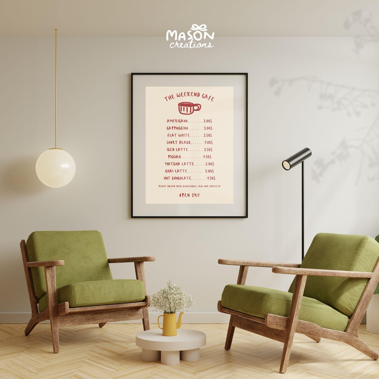 Cafe Menu Wall Art, Hand Drawn Kitchen Decor, Trendy Red Kitchen Wall ...