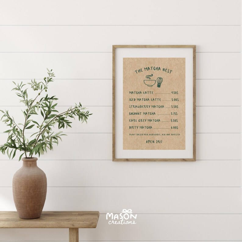 Cafe Matcha Menu Wall Art, Hand Drawn Kitchen Decor, Trendy Red Kitchen ...
