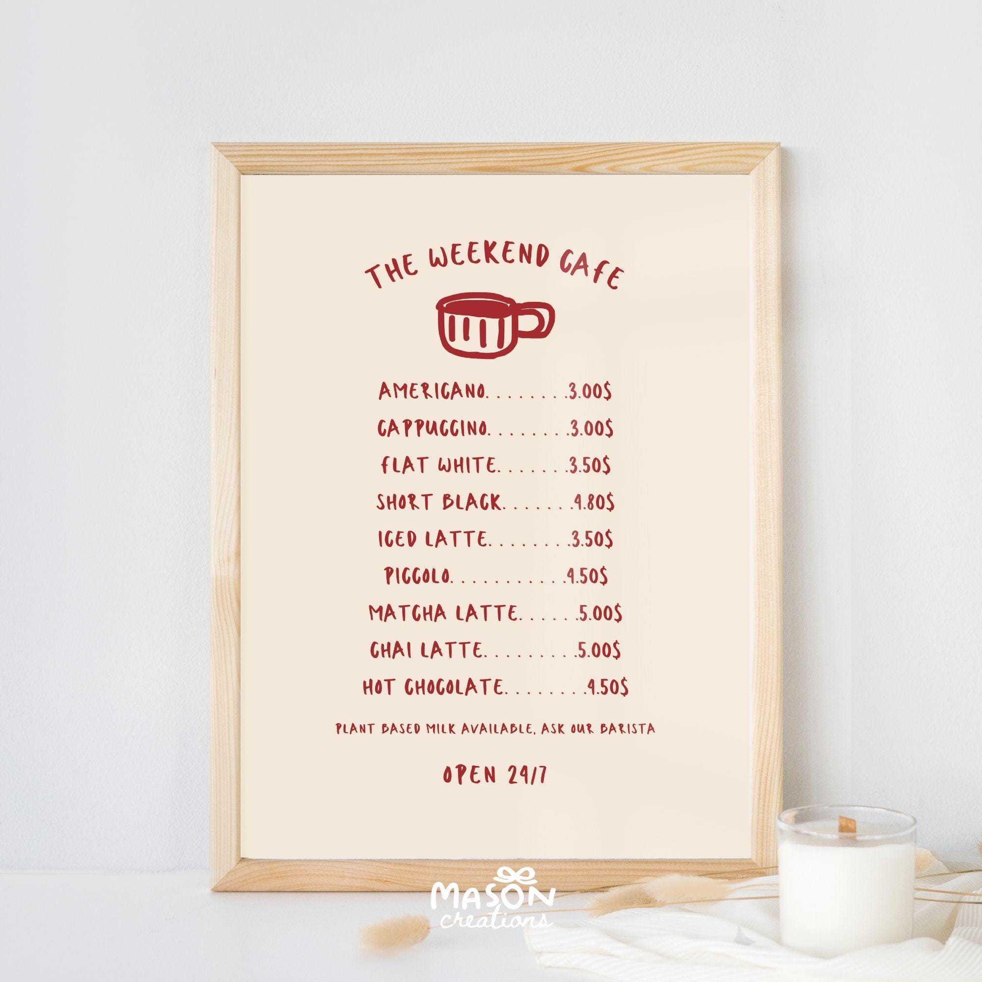Cafe Menu Wall Art, Hand Drawn Kitchen Decor, Trendy Red Kitchen Wall ...