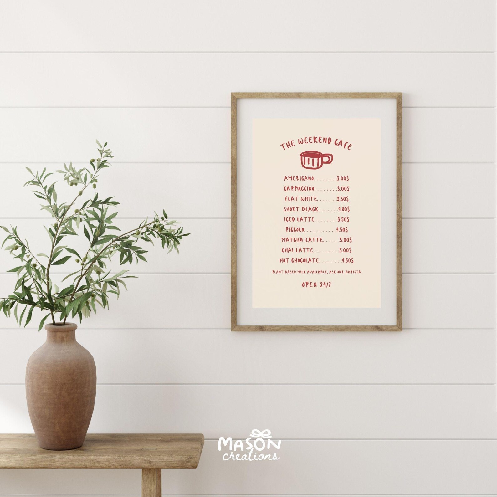 Cafe Menu Wall Art, Hand Drawn Kitchen Decor, Trendy Red Kitchen Wall ...