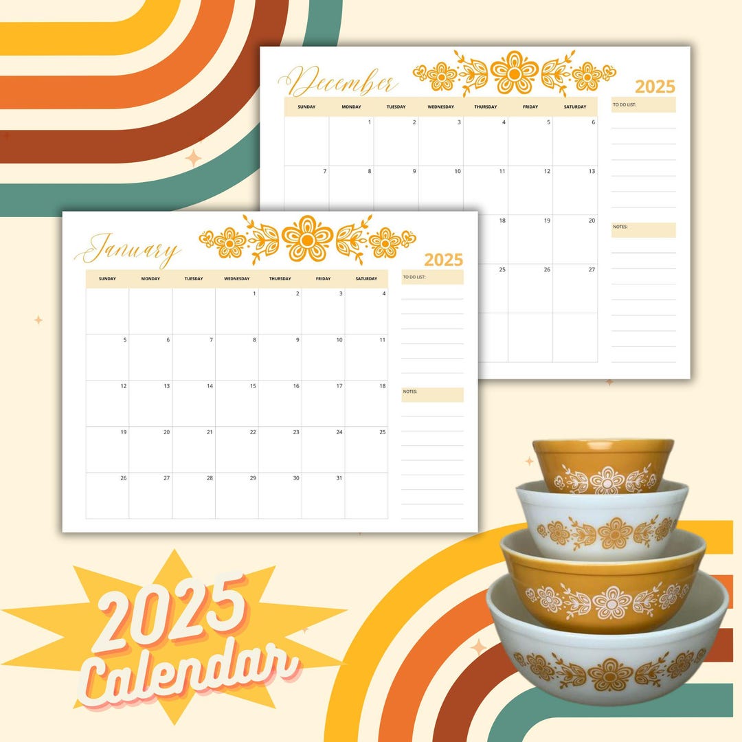 2025 Calendar, Vintage Pyrex Butterfly Gold Inspired, Boho Calendar ...