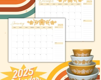 2025 Calendar, Vintage Pyrex Butterfly Gold Inspired, Boho Calendar ...