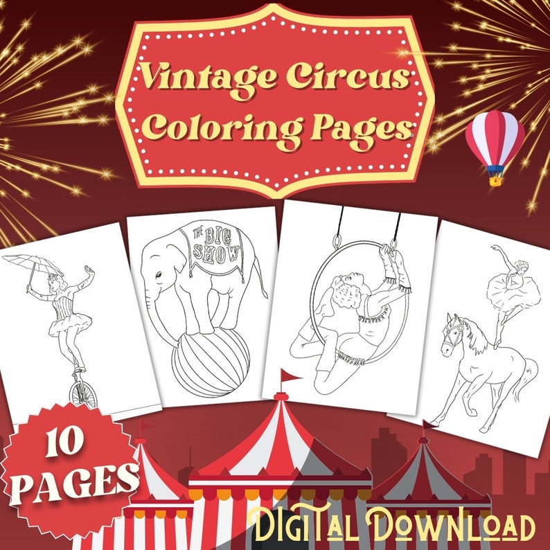 Vintage Circus Coloring Pages: Kids & Adults Activity Book (digital ...