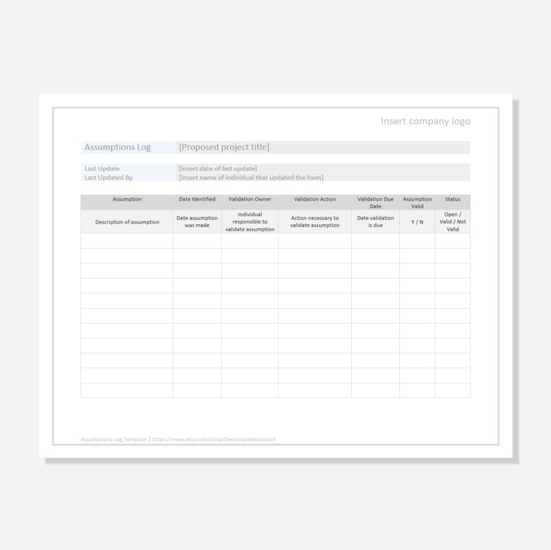 Project Assumptions Log | Project Management Template | Digital ...