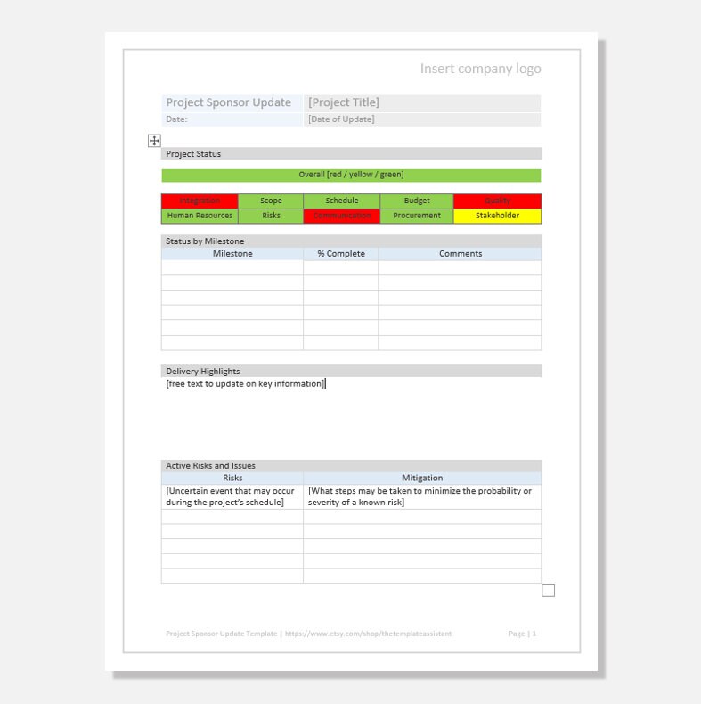 Project Sponsor Update Project Management Template Digital Download - Etsy
