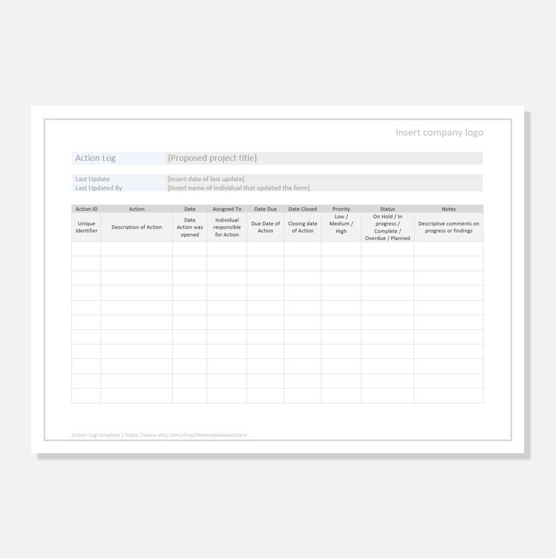Project Action Log Project Management Template Digital Download - Etsy