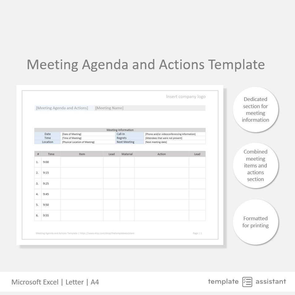 Combined Meeting Agenda and Action Items Template Digital Download - Etsy
