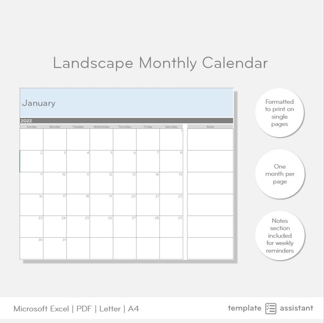 2022 Monthly Calendar Landscape Layout Digital Download Printable - Etsy