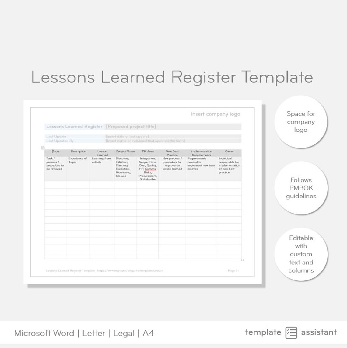Lessons Learned Register Project Management Template Digital Download ...
