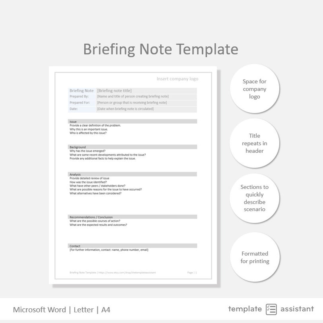 Briefing Note Business Template Digital Download Etsy