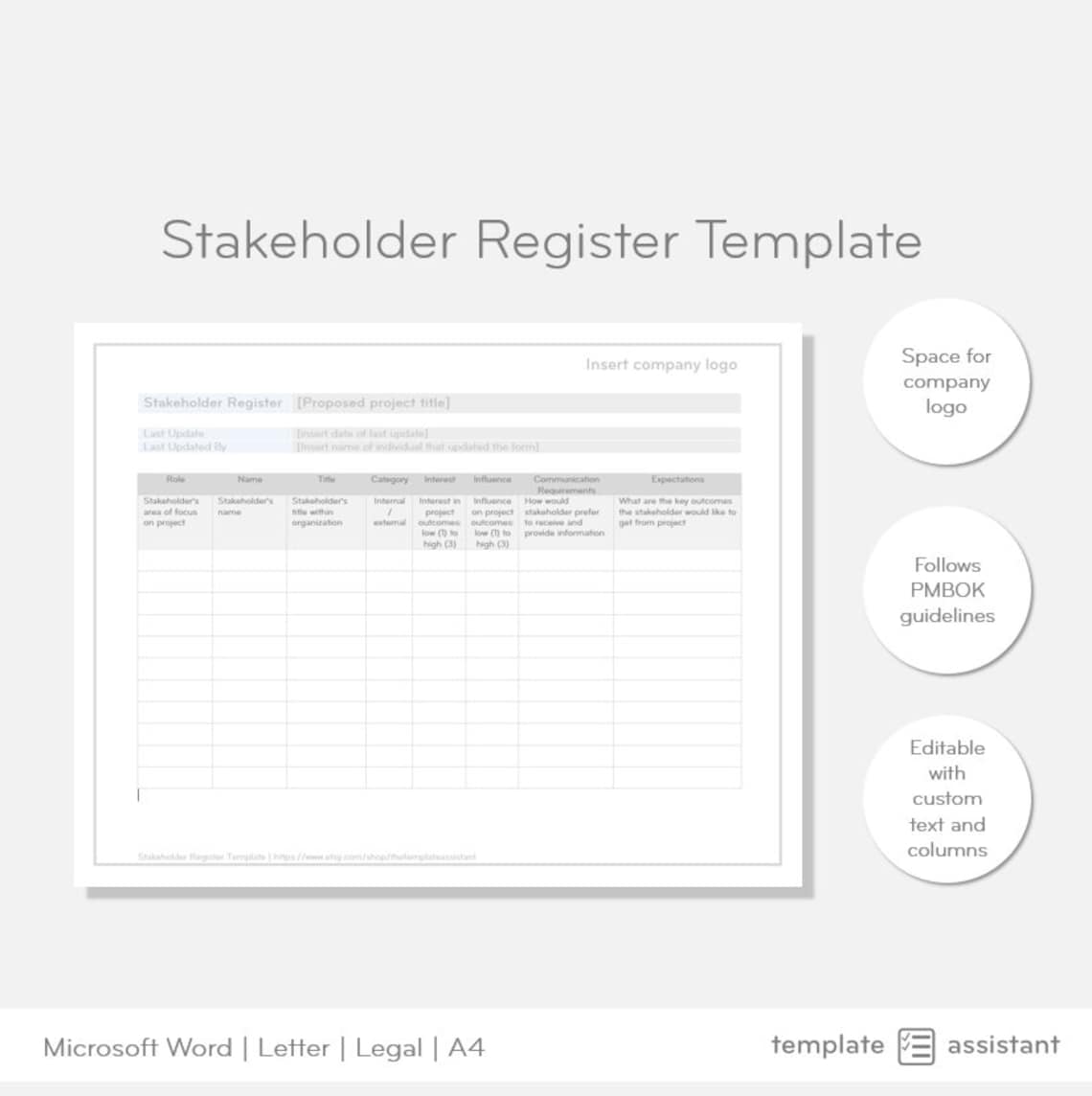 Stakeholder Register | Project Management Template | Digital Download ...
