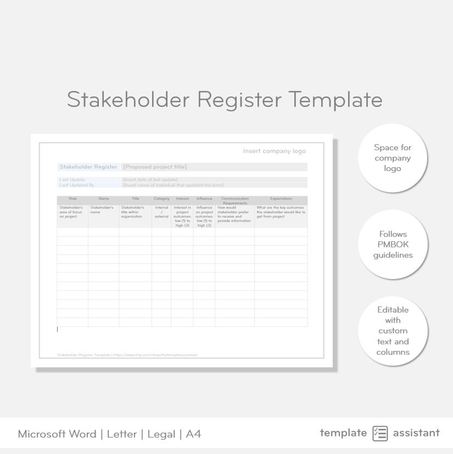 Stakeholder Register | Project Management Template | Digital Download ...