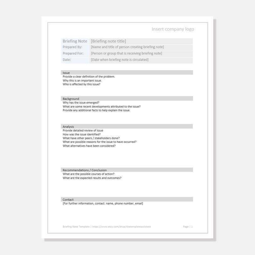 Briefing Note | Business Template | Digital Download - Etsy