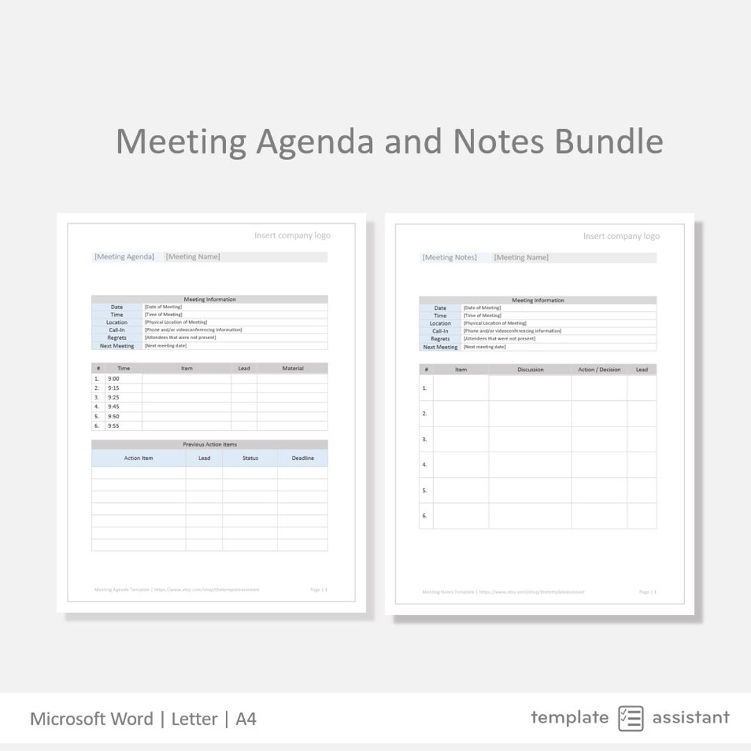 Meeting Agenda and Notes Bundle | Business Template | Digital Download ...