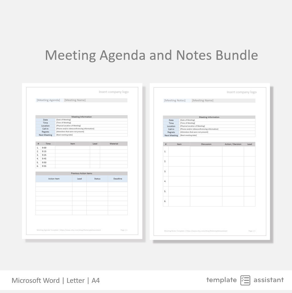 Meeting Agenda and Notes Bundle | Business Template | Digital Download ...