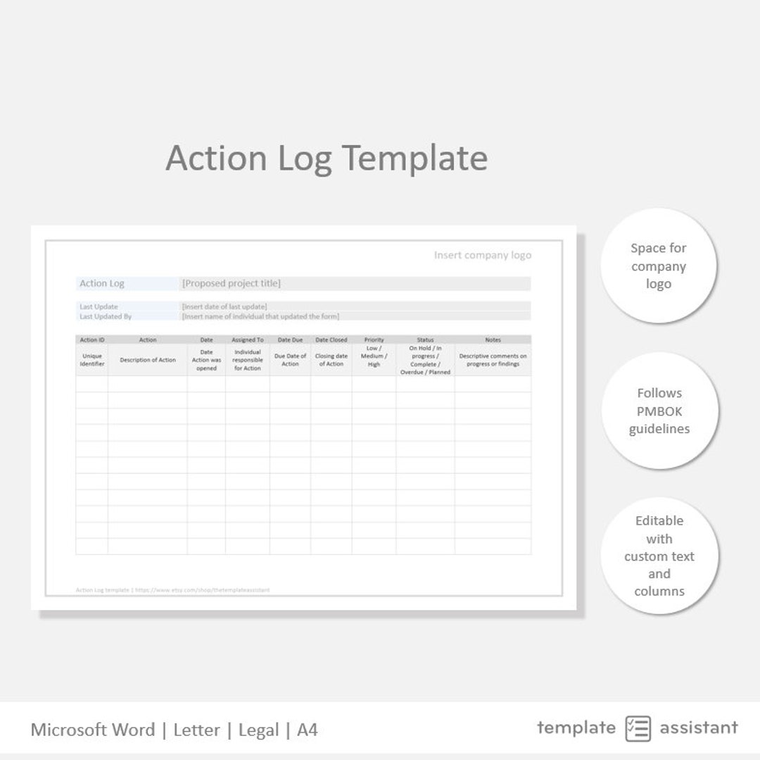Project Action Log Project Management Template Digital Download - Etsy