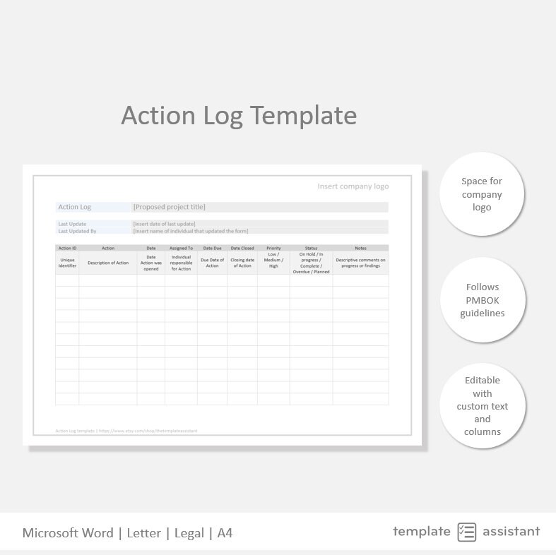Project Action Log Project Management Template Digital Download - Etsy