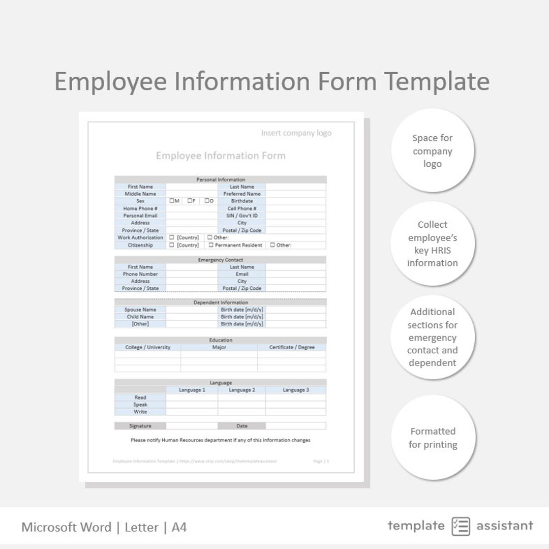 Employee Information Form | Human Resources Template | Digital Download ...