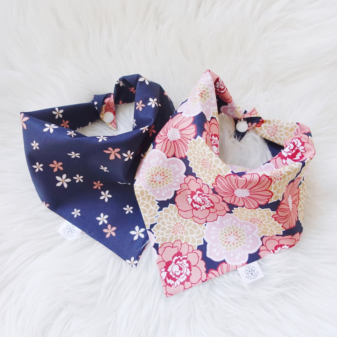 Summer Coral and Navy Blue Floral Bandana, Reversible, Tie and Snap ...