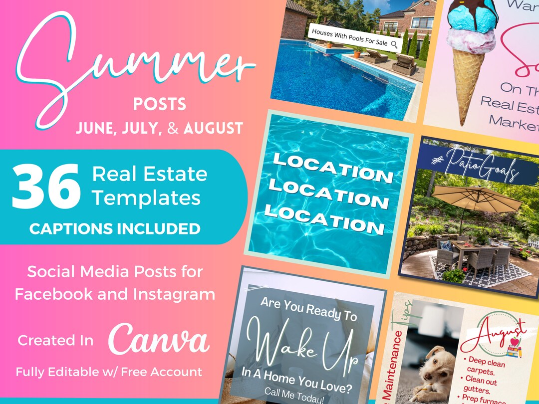 36 Realtor Summer (june, July, August) Themed Social Media WITH ...
