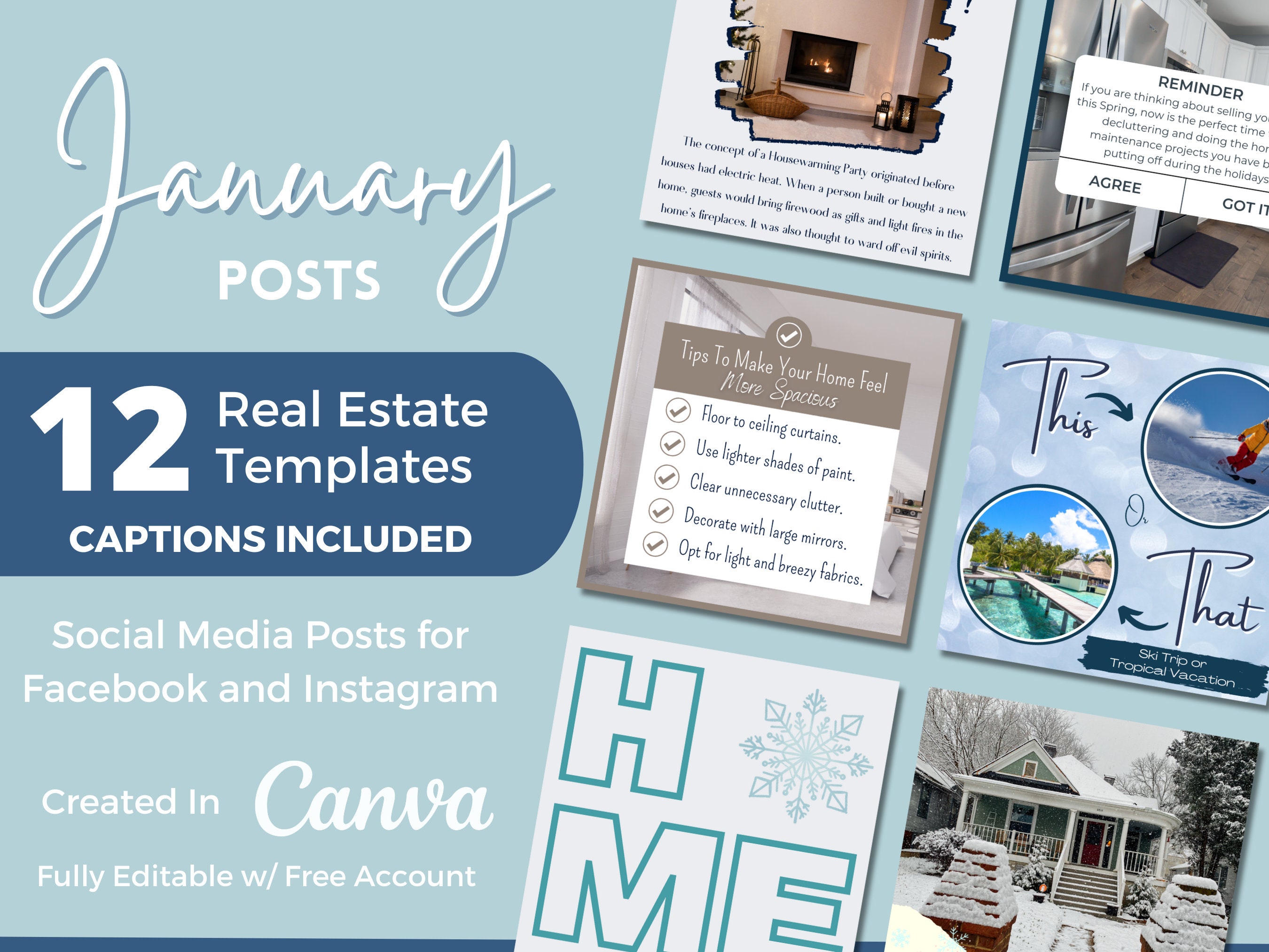 12 Realtor January Themed Social Media Templates WITH CAPTIONS Real ...