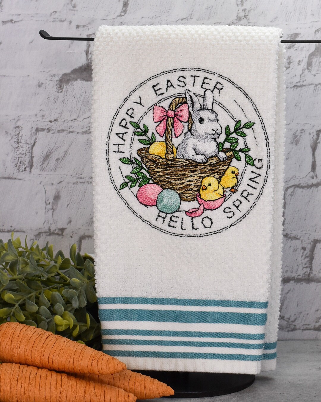 Happy Easter Hello Spring Embroidered Towel, Colorful Bunny Chicks ...