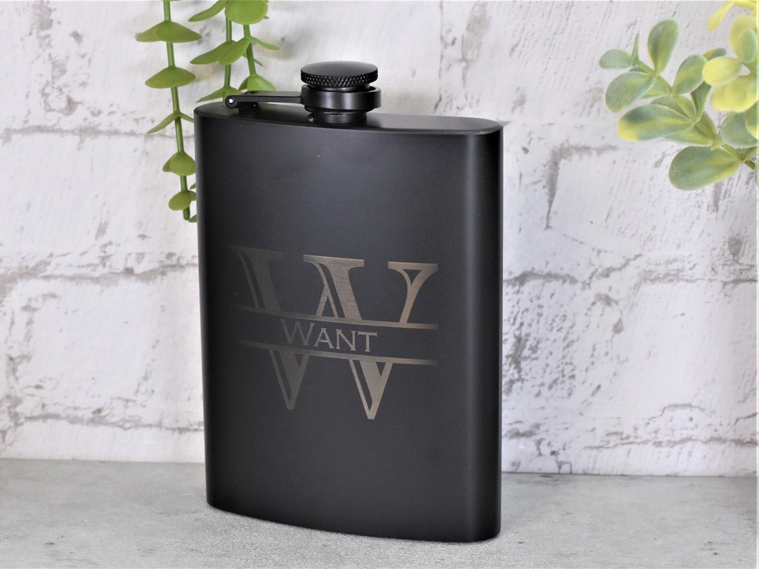 Personalized Hip Flask With Custom Monogram, Black Stainless Steel With ...
