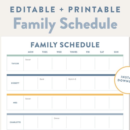 EDITABLE Weekly FAMILY SCHEDULE Planner Weekly Family - Etsy