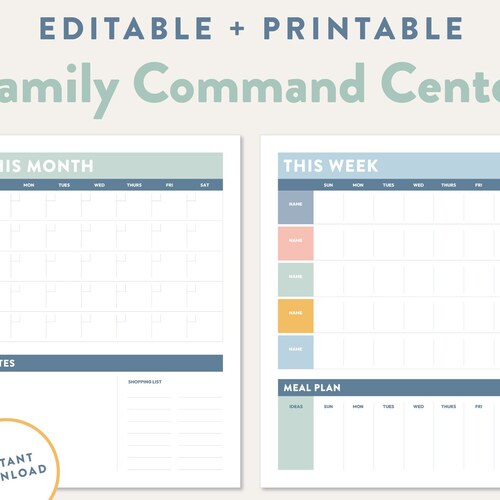 Editable Family Command Center Printable Monthly Calendar & - Etsy