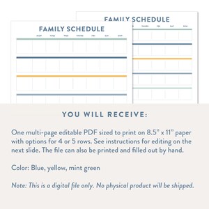 Editable Family Schedule, Printable Weekly Planner, Customizable PDF ...