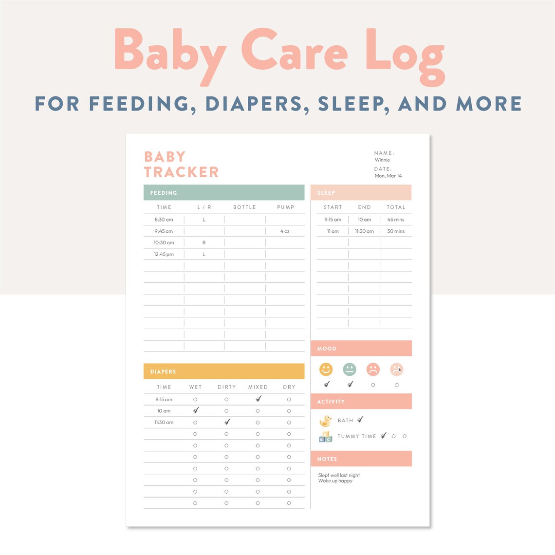 Printable Newborn Care Log, Editable Baby Tracker for Feeding, Diapers ...