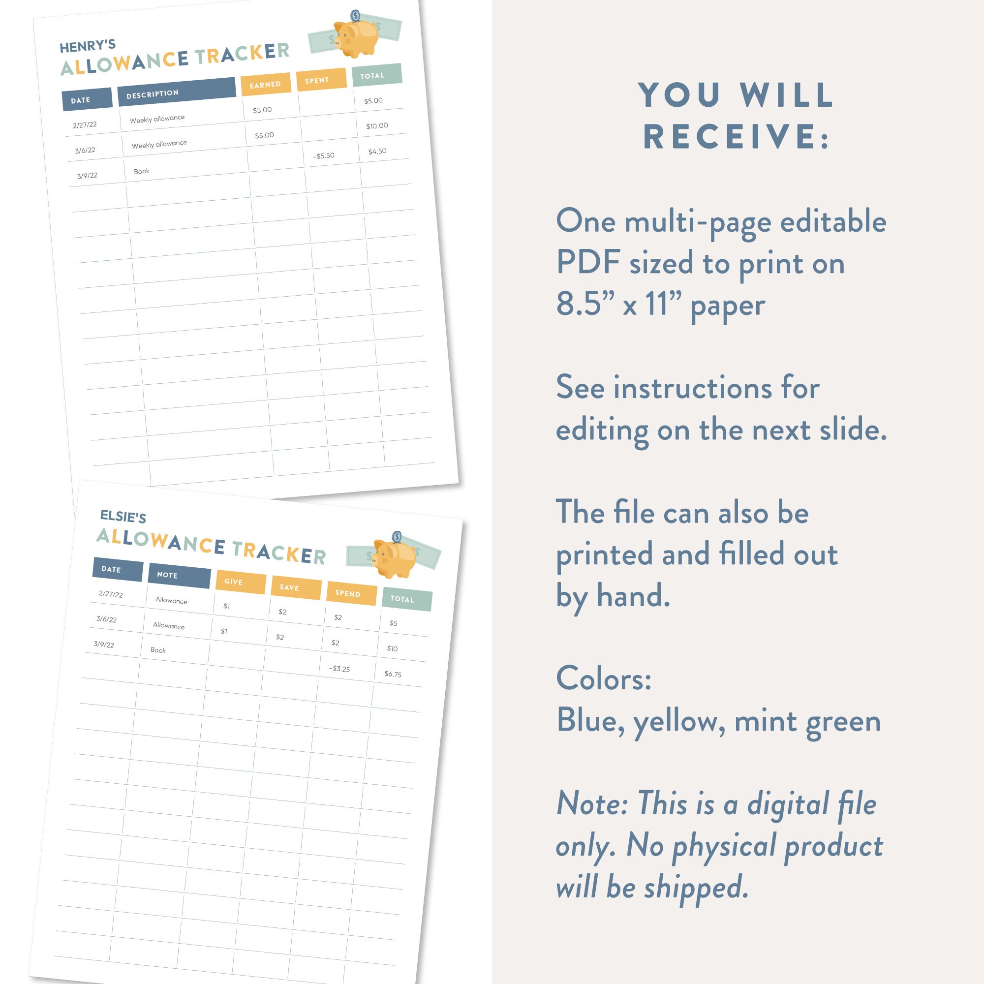 Kids Allowance Tracker: Printable Budget & Expense List (PDF Download ...